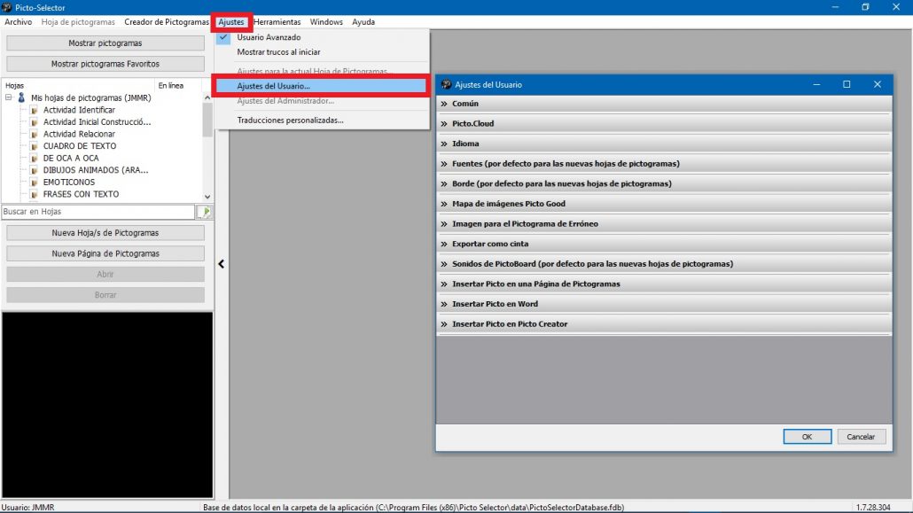 Picto Selector – 16 – User Settings – Aula abierta de ARASAAC