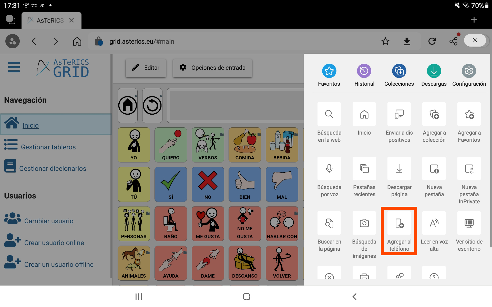 AsTeRICS Grid Dynamic Communicator – Installation as an app under Android – Aula abierta de ARASAAC