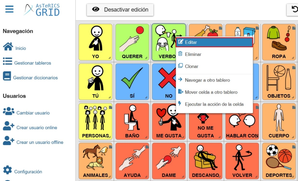 AsTeRICS Grid Communicator – 9 – Actions – Navigate to other grid - Aula abierta de ARASAAC
