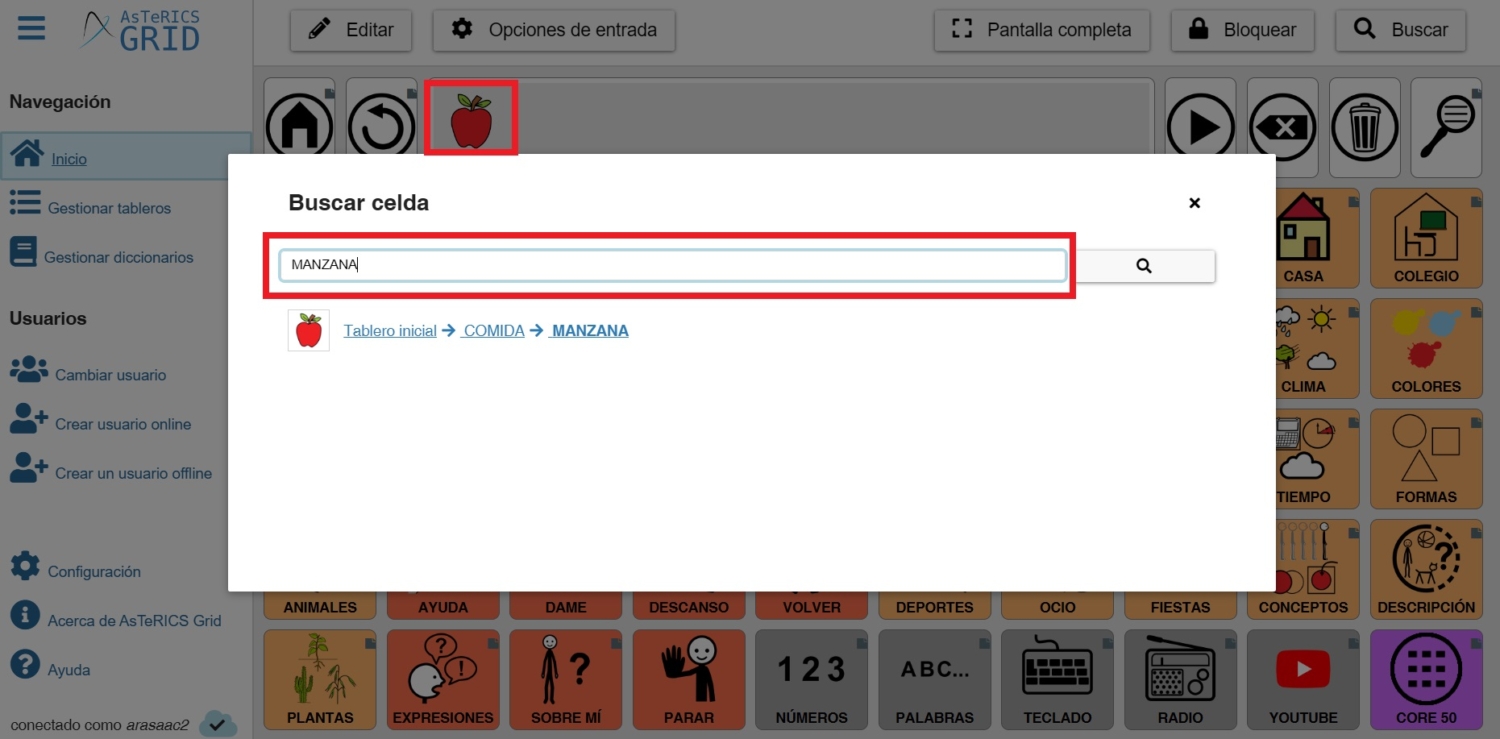 AsTeRICS Grid Communicator – 21 – Search window - Aula abierta de ARASAAC